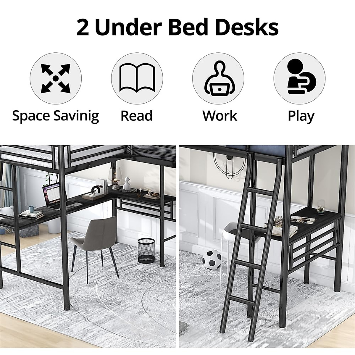 INCLAKE L Shaped Metal Loft Bed with 2 Desk, Twin Size Loft Bed with Safety Guardrail and 2 Ladder, Heavy-Duty Steel Frame Corner Twin Bed for Girls Boys Teens, Black