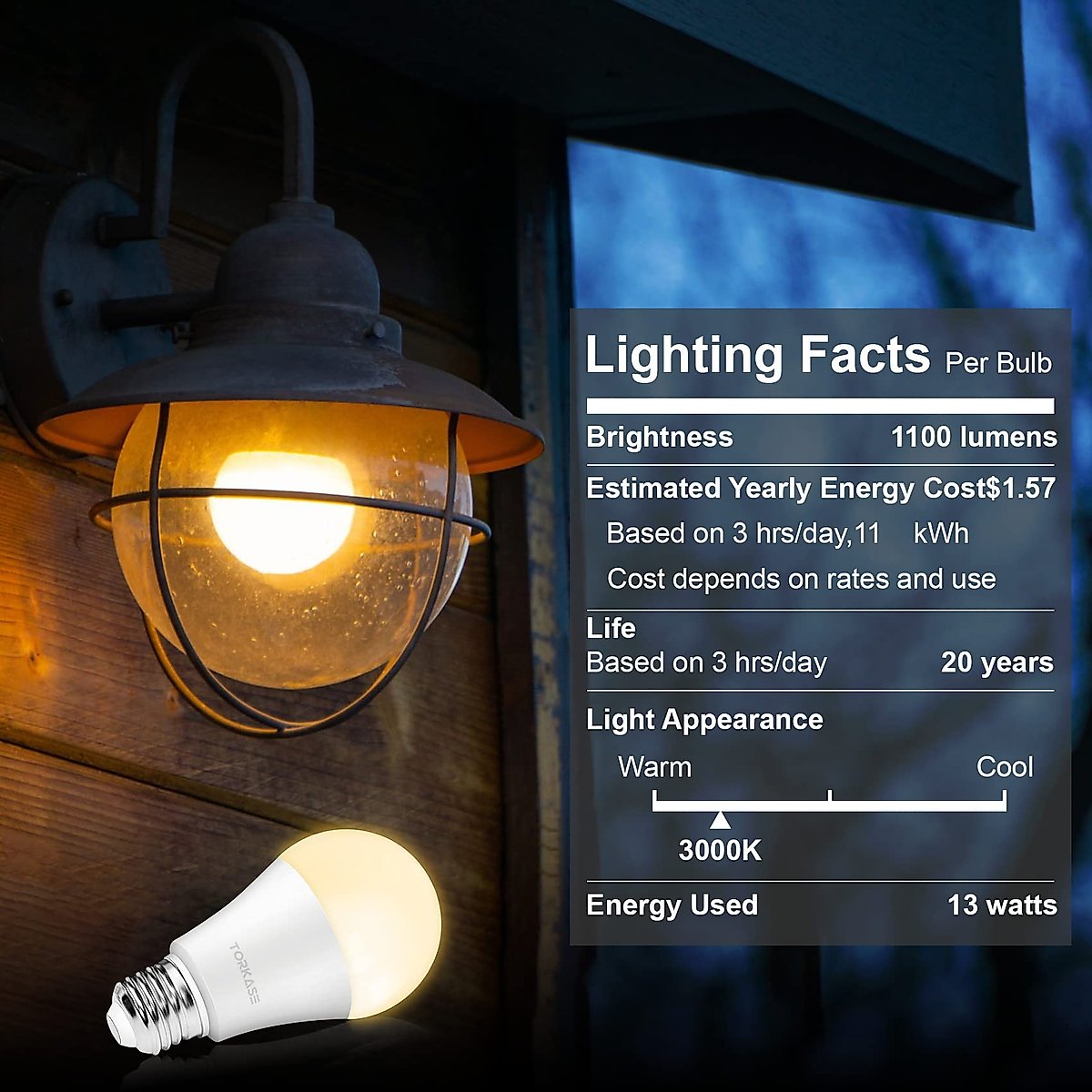 Torkase Outdoor Dusk to Dawn Light Bulbs, No Timer Required, 13W(100W Equivalent), 3000K Warm White, E26 A19 Automatic Sensor LED Bulb, Built-in Photocell Detector for Boundary Garage Patio, 2 Pack