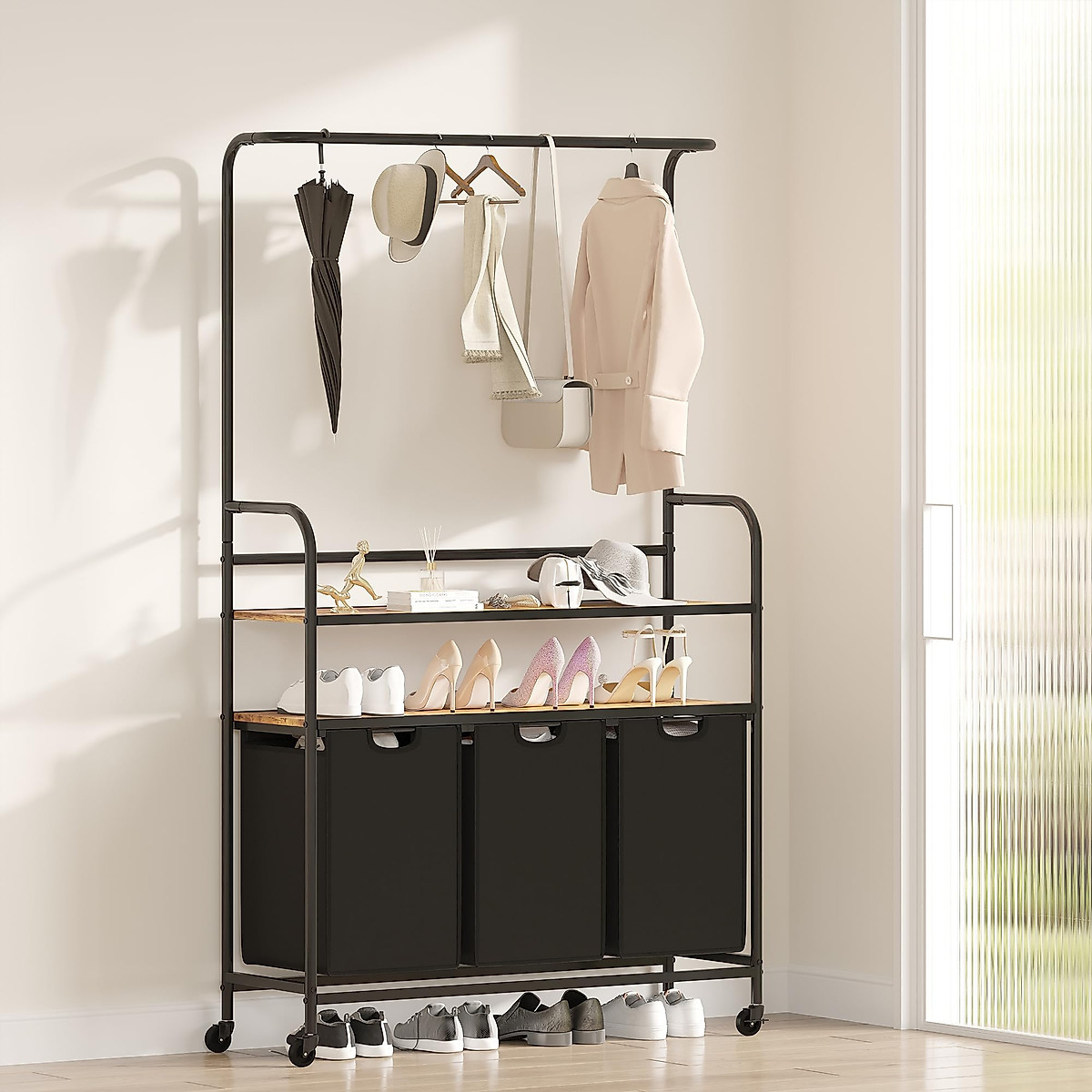 kepptory Laundry Basket 3 Section, 3 × 11.5 Gal (47L), Laundry Hamper Laundry Sorter 3 Section with Shelves and Clothes Hanging Bar, Rolling 3 Compartment Laundry Hamper for Laundry Bathroom Bedroom