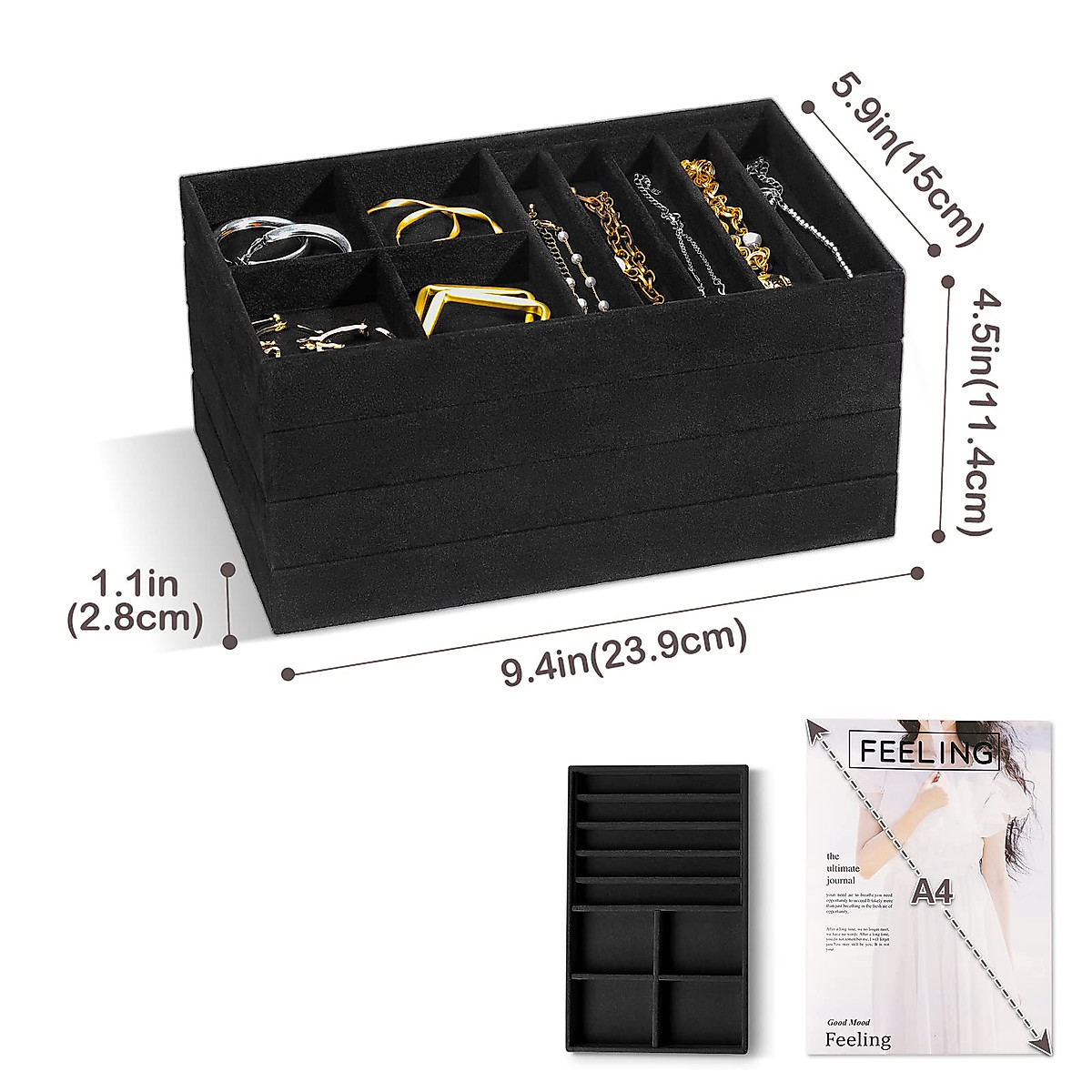 ProCase Stackable Jewelry Organizer Trays for Drawers, Jewelry Drawer Inserts Container Display Case Storage for Earring Necklace Rings Bracelet with Removable Dividers -Allblack, 4 Layers