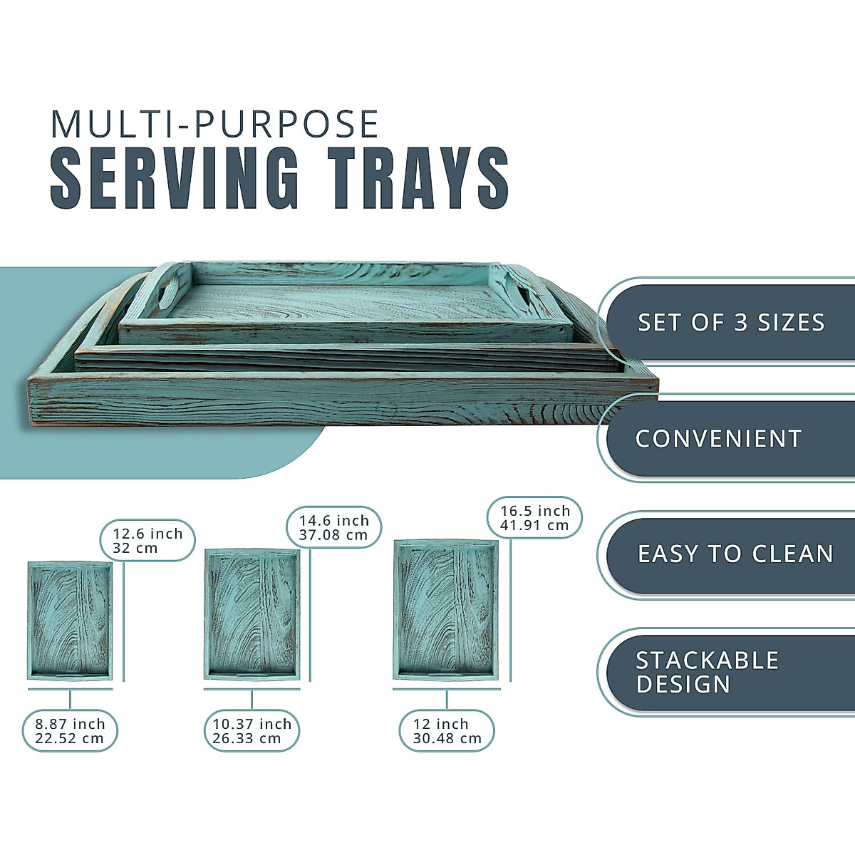 Serving Trays Set of 3 - Ottoman Wood Trays for Entertainment, Food and Décor - Rustic Farmhouse Distressed Wood Finish - Rustic Blue