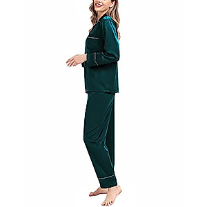 SWOMOG Women's Silk Satin Pajamas Loungewear Two-piece Sleepwear Button-Down Pj Set S-XXL Deep Green