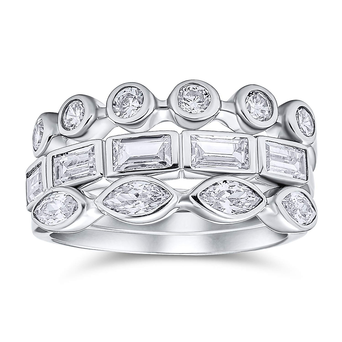 3 Set Geometric Cubic Zirconia Baguette Marquise Round CZ Stackable Wedding Band Ring Set For Women .925 Sterling Silver
