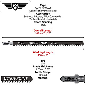5 x TopsTools JSTT744D T744D 7-1/10" (180mm) Long Clean and Fast Cuts Wood Cutting Jigsaw Blades Compatible with Bosch, Dewalt, Makita, Milwaukee and many more