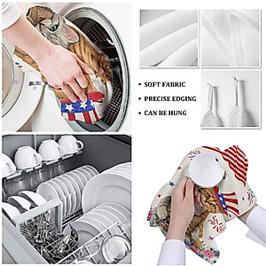 4th of July Kitchen Towels Set American Flag Cats Patriotic Hand Towel Poppy Hat Stripes Stars Dish Towel 2 Pack Absorbent Soft Dish Cloths Tea Towels for Summer BBQ Memorial Day Independence Day