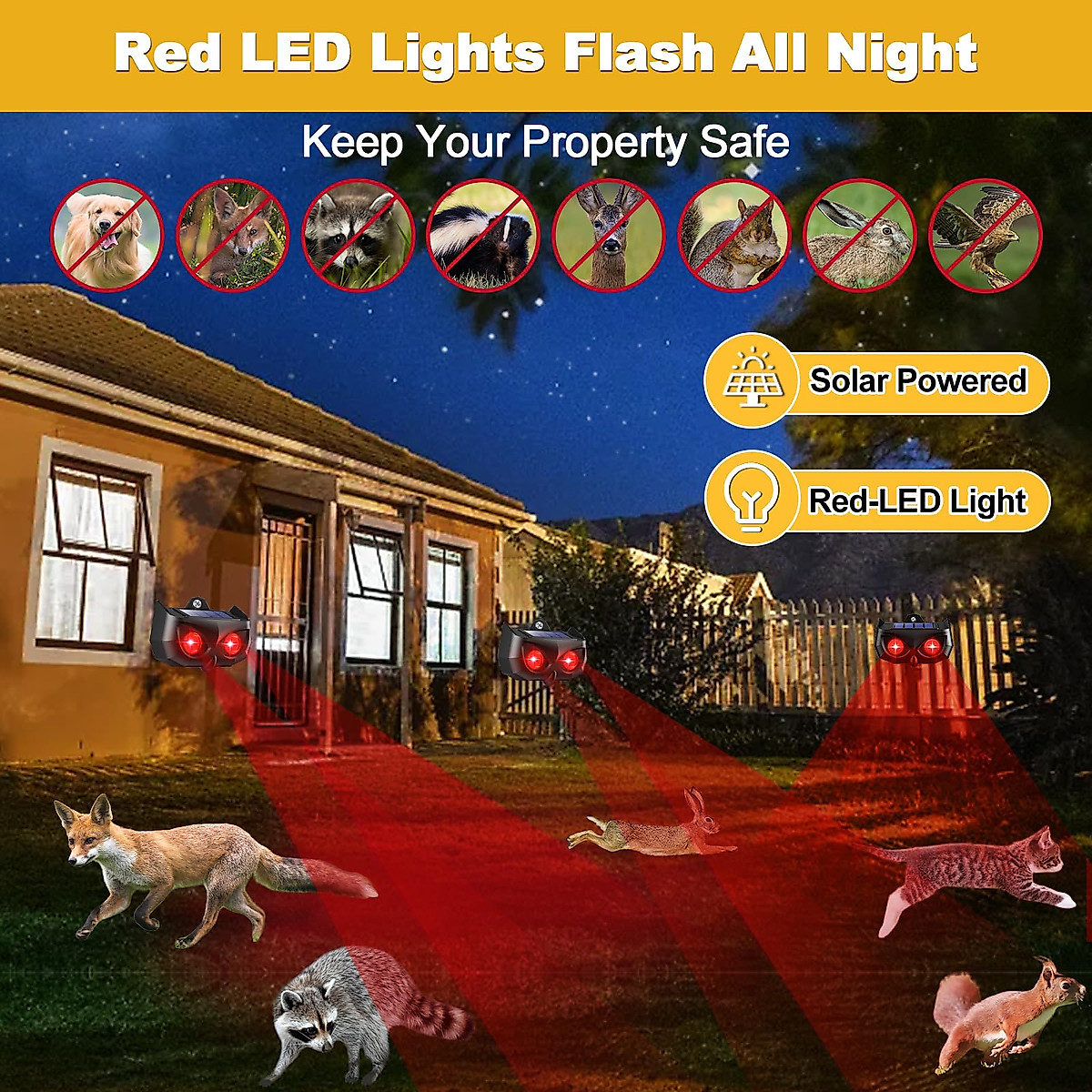 Solar Animal Repellent Outdoor, 2024 Upgraded Predator Nocturnal Animal Repellent with Red LED Flashing Lights to Scare Away Deer Coyote Skunk Raccoon Fox Predator Lights for Chicken Coop Farm 6Pack