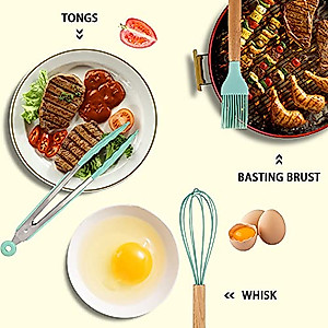 MIBOTE 17 Pcs Silicone Cooking Kitchen Utensils Set with Holder, Wooden Handles Cooking Tool BPA Free Turner Tongs Spatula Spoon Kitchen Gadgets Set for Nonstick Cookware (Teal)