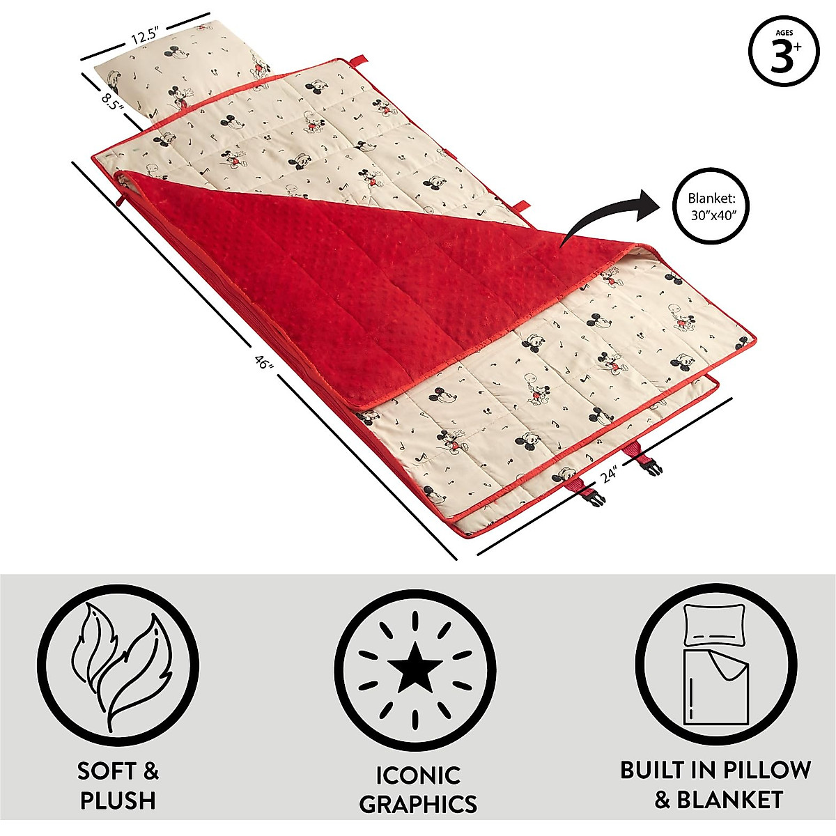 Disney Mickey Mouse 3-in-1 Travel Slumber Nap Mat with Built in Pillow, Plush Blanket and Carry Backpack Straps, 46"x26" Mat, Ages 3+