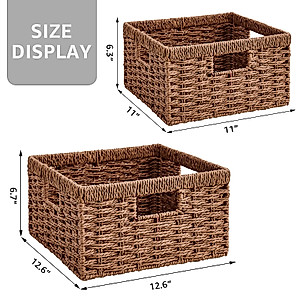 LGENHOOM Wicker Storage Basket with Built-in Handles, Paper Rope Basket for Organizing, Hand Woven Storage Baskets, Set of 2, Large and Small, Brown