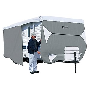 Classic Accessories Over Drive PolyPRO3 Deluxe Travel Trailer/Toy Hauler Cover, Fits 18'-20' RVs, Camper RV Cover, Customizable Fit, Water-Resistant, All Season Protection for Motorhome, Grey/White