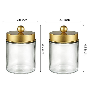 Amolliar Apothecary Jars Bathroom Storage Organizer -Countertop Storage Organizer Canister Jar - Cute Qtip Dispenser Holder Glass with Lid- for Cotton Swabs,Bath Salts,Hair Band / 2-Pack(Gold)