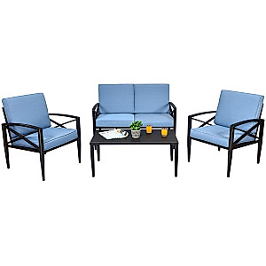 Tangkula 4PCS Outdoor Aluminum Patio Conversation Set, Patio Sofa Set 1 Loveseat, 2 Single Sofas, 1 Coffee Table, Outdoor Furniture Set w/Padded Cushions for Garden, Yard, Pool, Backyard (1, Blue)