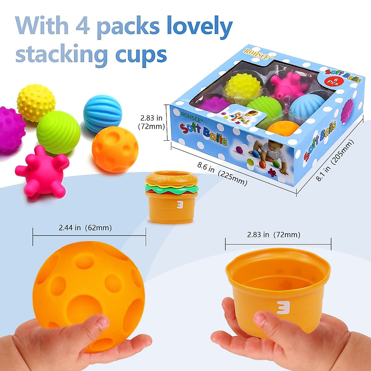 Sensory Balls for Baby, Infant Toys 6-12 Months, Textured Multi Balls for Toddlers 1-3 Colorful Soft Squeezy Bath Toys with Stacking Cups Montessori Toys for Babies Juguetes Para Bebes de 0 a 6 Meses