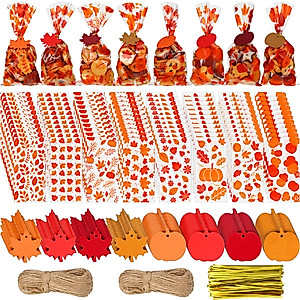 Remerry 600 Pcs Fall Cellophane Treat Bags Thanksgiving Candy Bags Fall Goodie Bags Maple Leaf Pumpkin Bags with Pumpkin Maple Leaf Tags Gold Twist Tie Twine Autumn Party Supplies