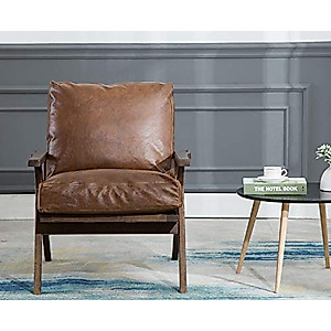 ZHENGHAO Brown PU Leather Accent Chair, Mid Century Retro Armchair Reading Chair for Small Space, Wood Frame Comfy Arm Chair for Living Room Bedroom Fireplace (Brown)