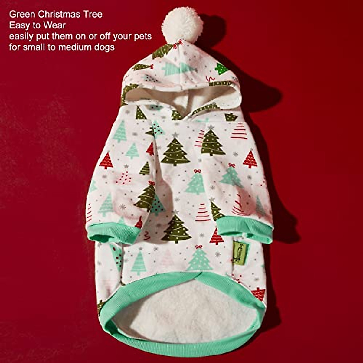 Dog Hoodie, Print on White Odorless Green Christmas Tree Easy to Wear Elastic Dog Sweaters for Winter for Cats S
