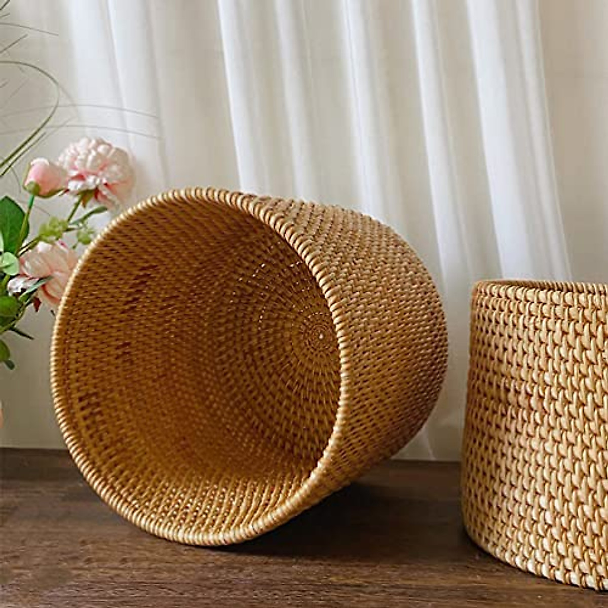 generic Rattan Storage Basket Rustic Woven Basket Desktop Garbage Bin Organizer Sundries Storage Bin for Bedroom Office Study Room - Size L, 9x9x8 Inch