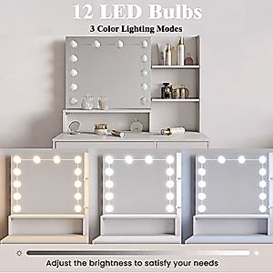 Furnideco 37" W Makeup Vanity with Lights,Vanity Desk with Chair, 5 Drawers Makeup Table with Lighted Mirror, 3 Lighting Colors,for Women Girls, White