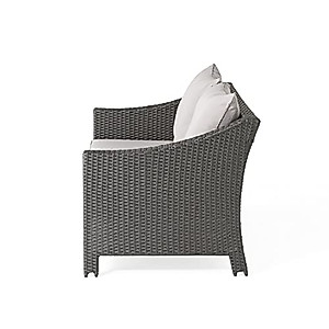 Christopher Knight Home Antibes Outdoor Wicker Loveseat and Table Set with Water Resistant Cushions, 2-Pcs Set, Grey / Silver