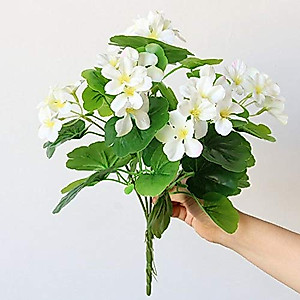 Xilyya Artificial Geranium Bush Silk Flowers with Green Leaves for Home Garden Decoration (White)