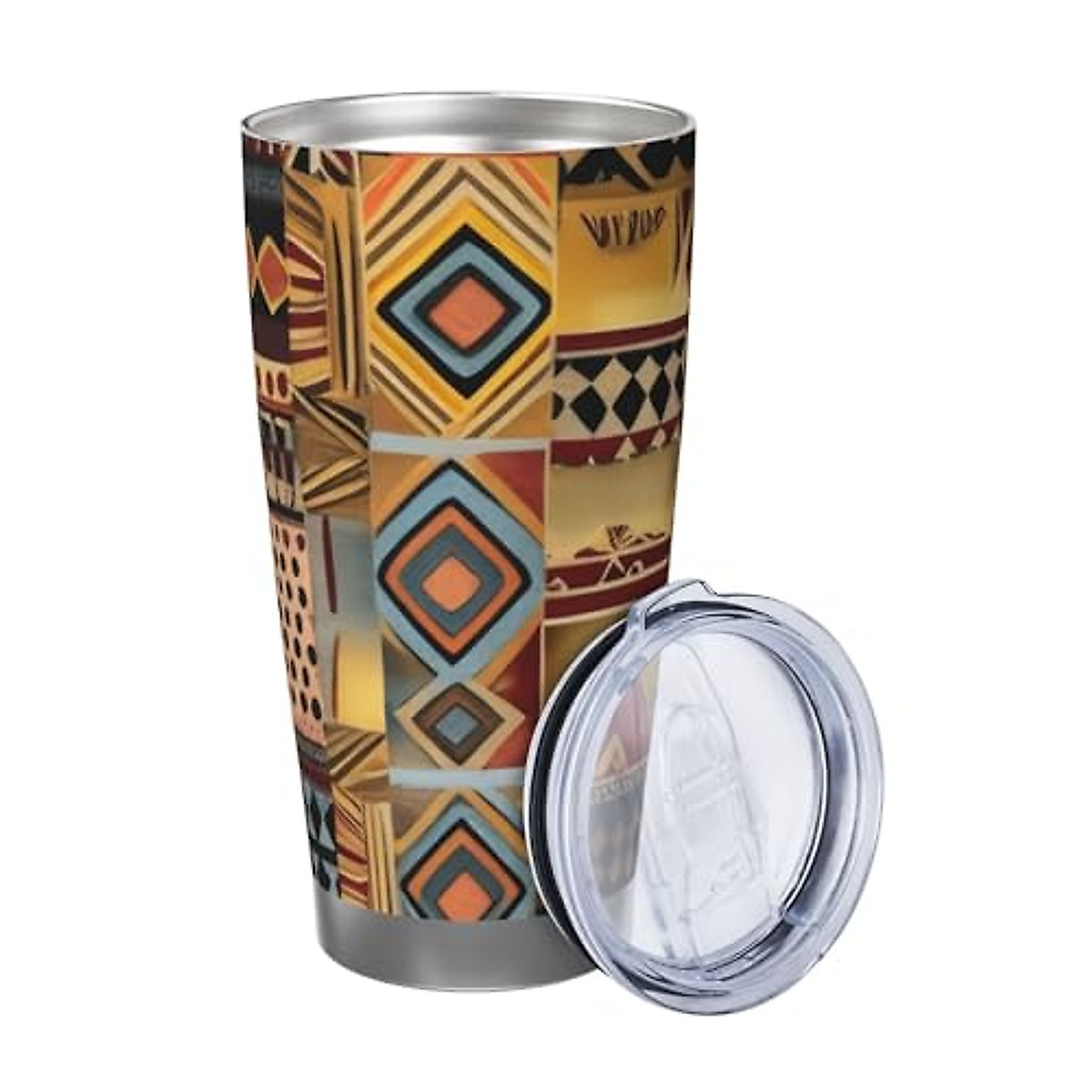 NHJKLWQSZ African Textile Patchwork 20oz Stainless Steel Tumbler With Lid And Straw, Double Wall Vacuum Insulated Coffee Mug Travel Cups Leak-Proof Lid For Hot And Cold Drinks, Metal Straws And Brush