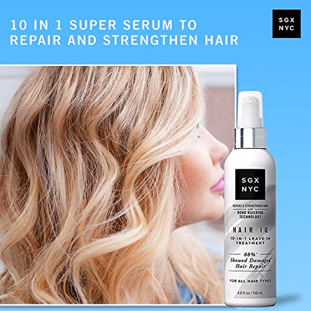 SGX NYC Hair IQ - 4 Fl Oz - 10-in-1 Leave-In Treatment for All Hair Types - Strengthens and Repairs Damaged Hair with Biotin, Hyaluronic Acid, and Exclusive Bond Technology