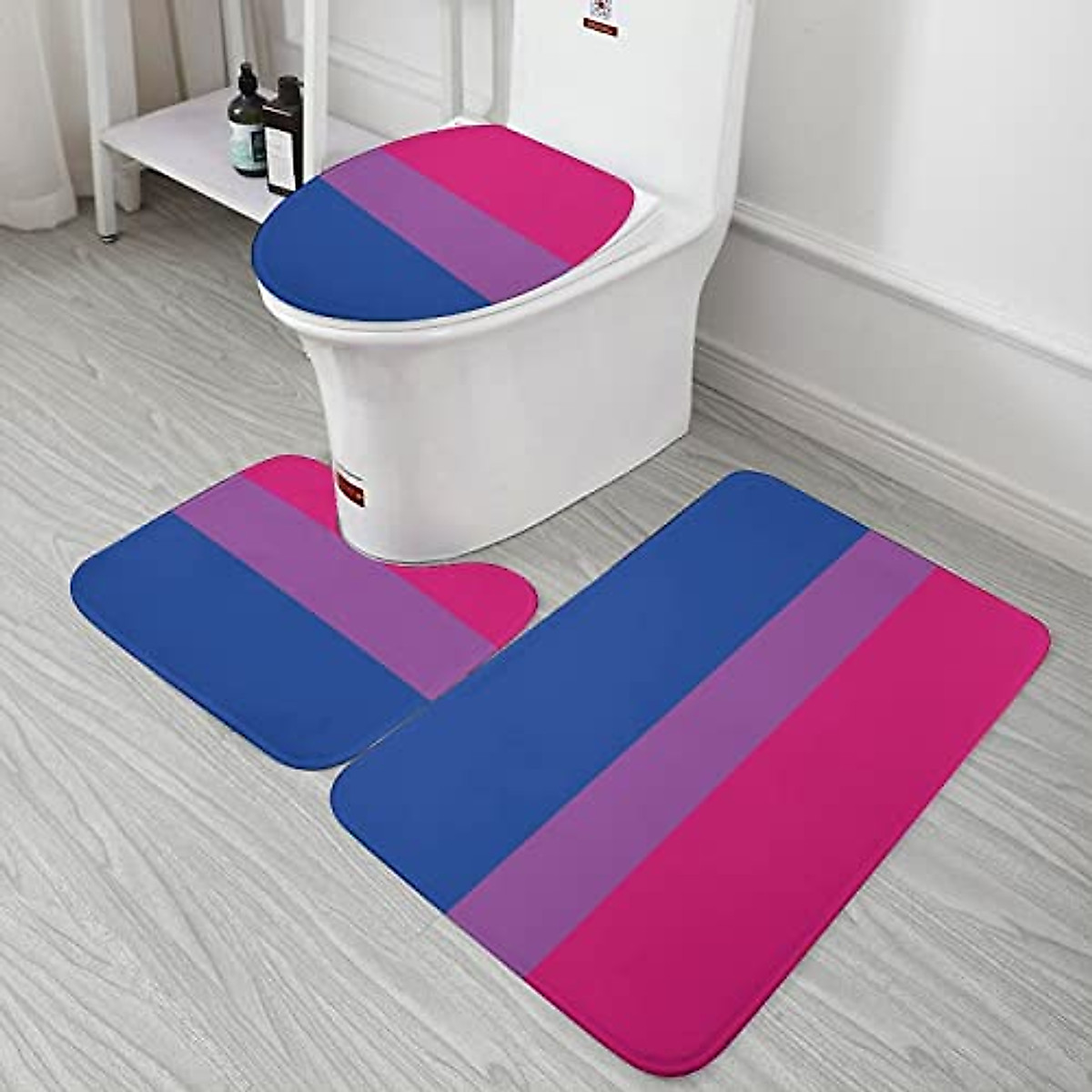 DamTma 3 Piece Bath Rugs Sets Bisexual Pride Non Slip Bathroom Carpet Water Absorbent Bathroom Rugs U-Shaped Toilet Mat Toilet Lid Cover LGBTQIA+ Bathroom Sets