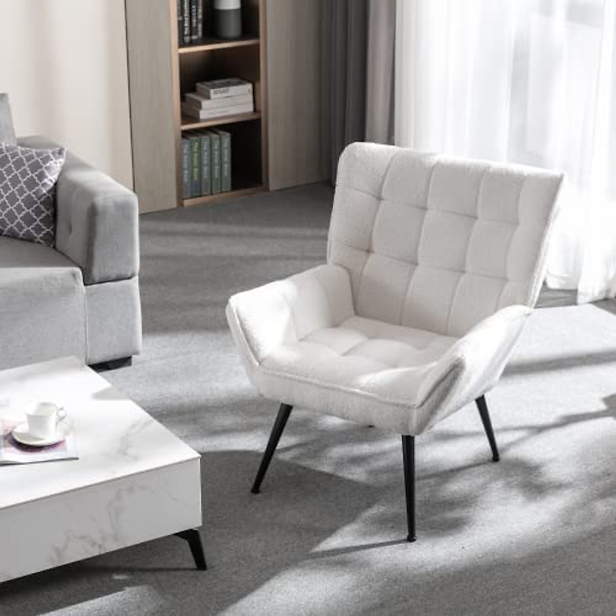 Ya-Home Modern Accent Chair, Comfy Sherpa Leisure Armchair with Backrest and Black Metal Legs, Upholstered Channel Tufting Detail Side Chair for Living Room Bedroom, 1PC, White