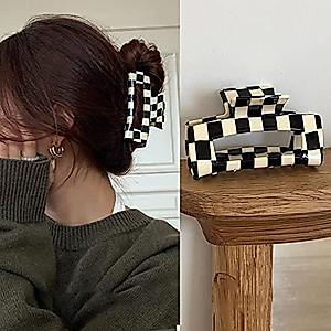 Checkered Hair Clip, Claw Banana Clips for Thick Hair Black White Jaw Clips French Tortoise Shell Grip Pin Teeth y2k Accessories for Women Girls (2Pack)