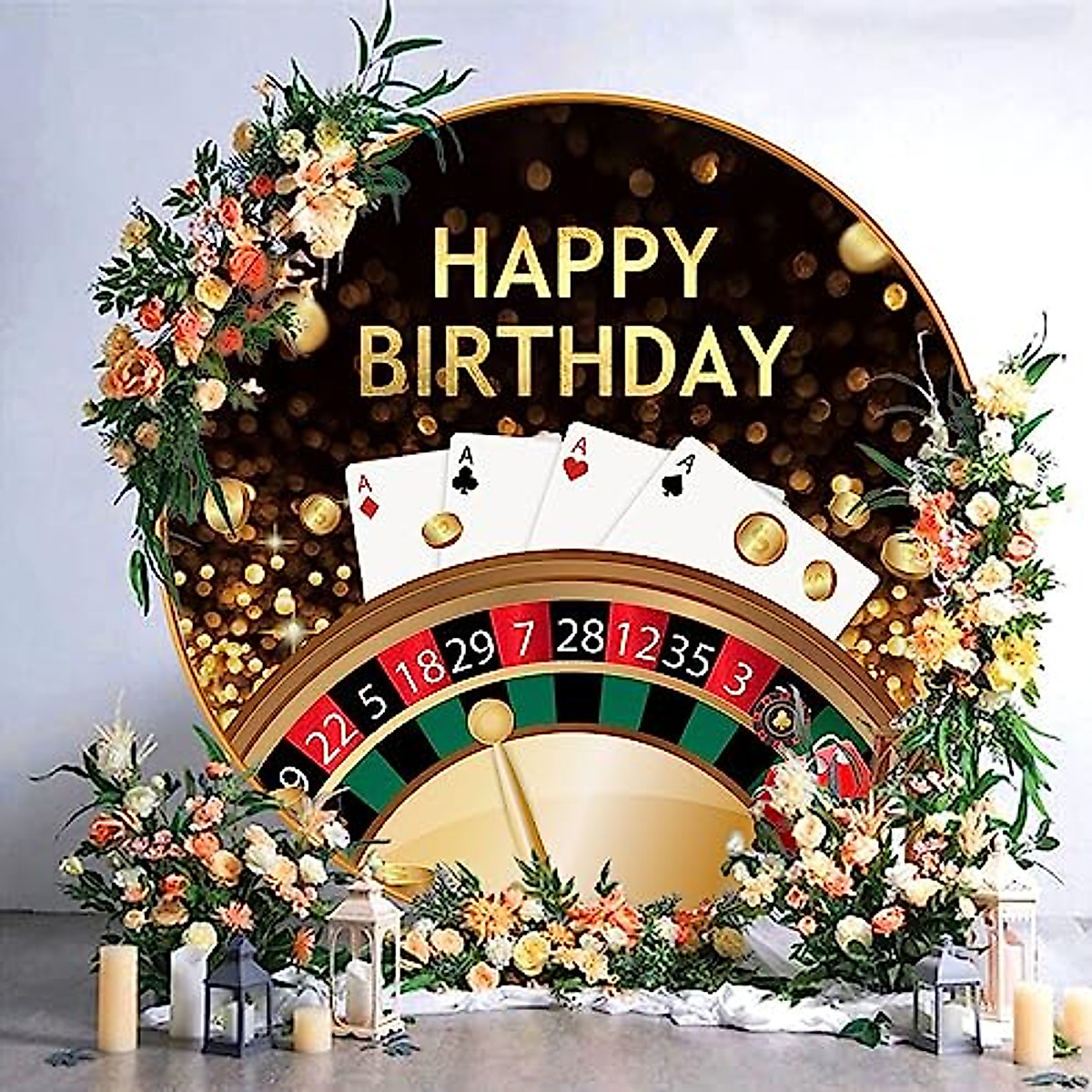 AWERT Polyester Diameter 6.5ft Happy Birthday Round Backdrop Las Vegas Casino Night Themed Dice Poker Chips Gold Coins Photography Background Men Boys Birthday Party Theme Party Decoration Supplies