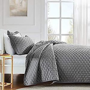 SLEEP ZONE 3-Piece Lightweight Reversible Quilt Set - Full/Queen Size - Soft Microfiber Coverlet Set for All Season (Grey Diamond Pattern), Full/Queen (90x96 inch | 2 Pillow Shams)