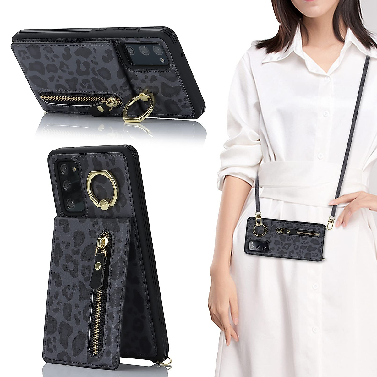 Jaorty for Samsung Galaxy S20 FE 5G Phone Case for Women with Card Holder,Galaxy S20 FE Case Wallet Crossbody Lanyard with Strap,Credit Card Slots Kickstand Case with Ring Holder,6.5",Black Leopard