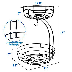 Bextsrack 2-Tier Countertop Fruit Basket Bowl with Banana Hanger, Metal Wire Vegetable Produce Storage Baskets for Kitchen, Fruits Stand Holder Organizer for Bread Snack Veggies, Black