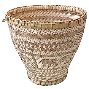 PANWA Handmade 100% Natural Traditional Thai Bamboo Wicker Sticky Rice Cooking Basket Lucky Elephant Weave with Large Size with 24x24 Inch Cheesecloth Wrap and Vintage Wooden Paddle