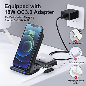 Wireless Charger 3 in 1 Wireless Charging Station Qi Fast Charger Stand for iPhone 13/12/11/Pro/Max/XR/XS/XS Max/X /8/8 Plus, Apple Watch, Airpods 2/Pro, Samsung Galaxy Phone with 18W Adapter, Black