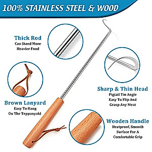 Joyfair Pigtail Food Flipper Set of 2 (17 & 12 Inch), Stainless Steel Meat Hook & Turner for Grilling, Flipping and Turning, Grill Tool with Wooden Handle, To Replace of Tongs, (Right Handed)