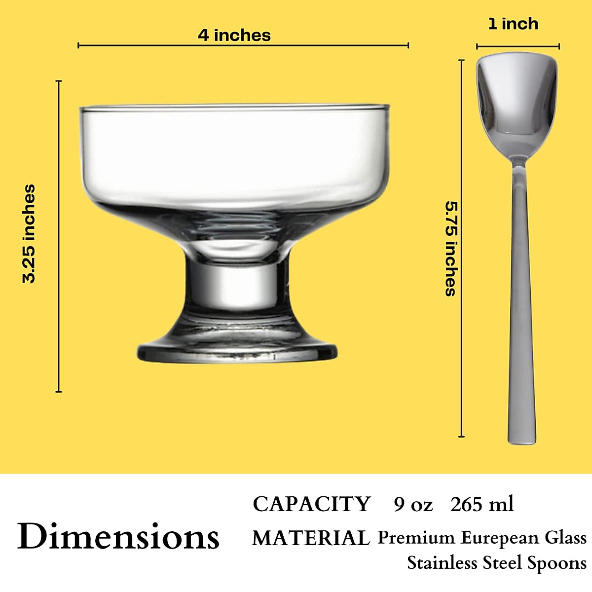 Glasia Set of 6 Glass Ice Cream Bowls and 6 Stainless Steel Spoons | Small Dessert Cups for Parfait Sundae Snacks Fruit | Mini Footed Trifle Tasters with Spoon