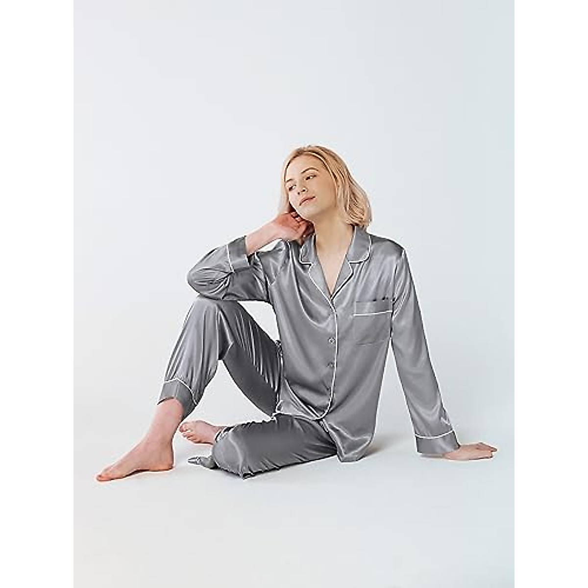 SIORO Womens Silk Pajamas Soft Long Satin Sleepwear Ladies Pajama Sets Button Down Loungewear Pyjamas Suit, Grey, L