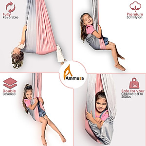 AMMUZA Indoor Sensory Swing For Kids & Adults 200lb - Therapy Swing For Autism, ADHD, Aspergers - Indoor Hammock Kids Swing, Calming Relaxing 360° Adjustable Sensory Toys Gifts (Pink & Grey)