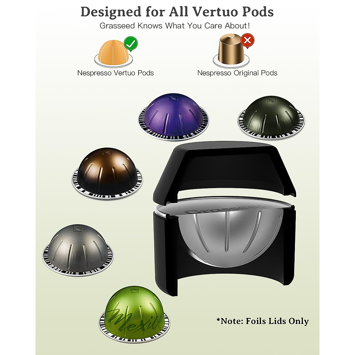 Grasseed Reusable Vertuo Capsule Kit for VertuoLine Capsules with 50Pcs Aluminum Foil Seals Lid, Holder and Brush, Fits for Refill Pods Vertuoline Pod - Black