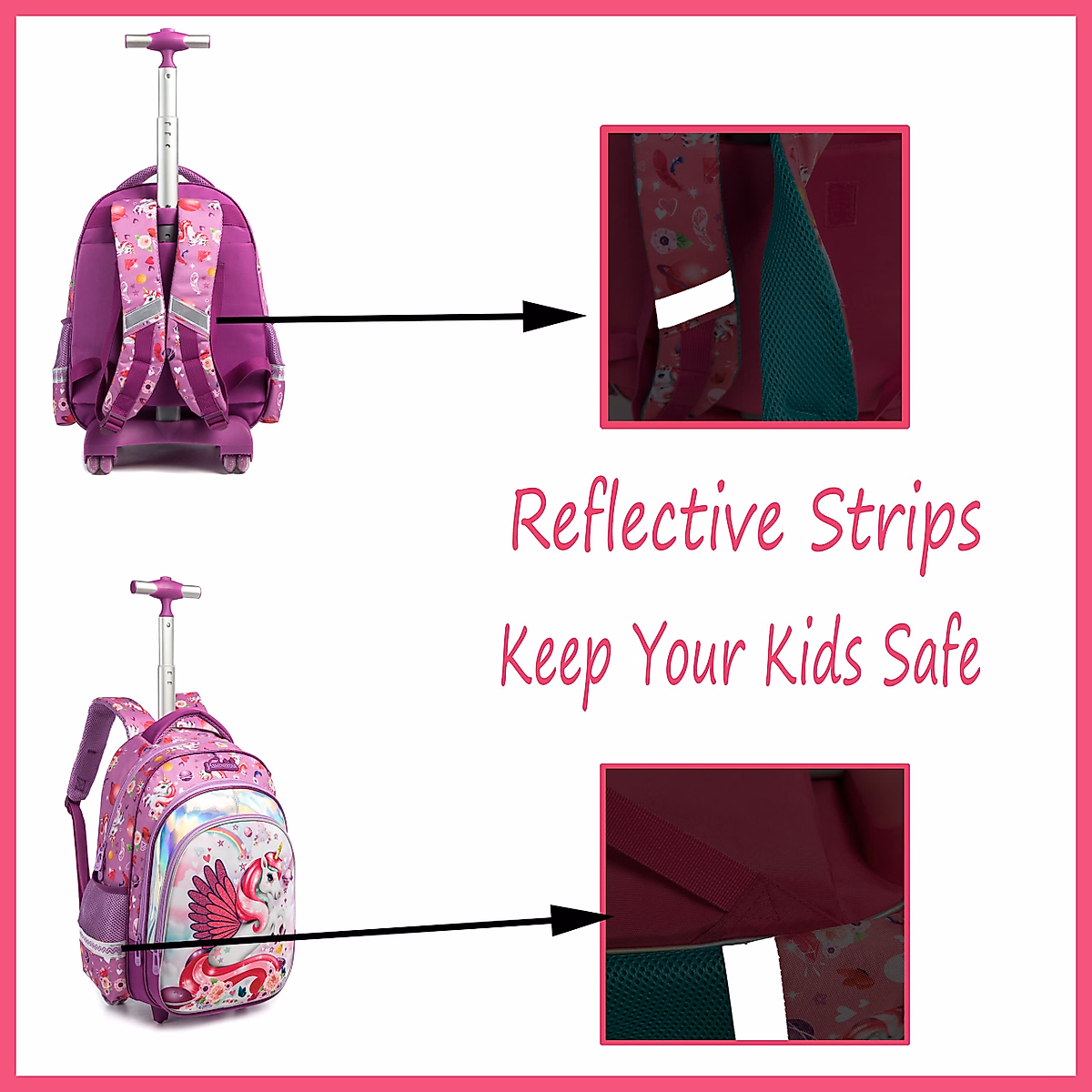 ZBAOGTW Rolling Backpack for Girls,Unicorn Rolling Backpack with Lunch Box and Pencil Bag, Adjustable Length Wheeled Backpack for School,Travel,Picnic