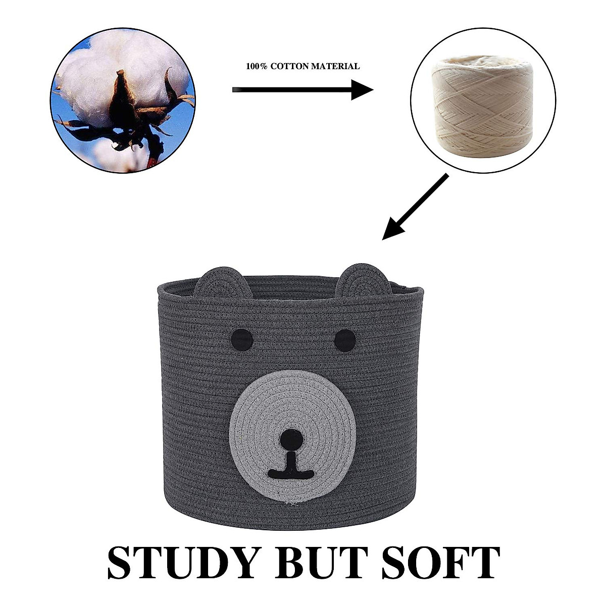 InfiBay Baby Toy Storage, Cotton Rope Storage Basket with Bear Design, Toy Storage Bin with Handles, Woven Laundry Hamper, Baby Nursery Organizer for Toys, Blanket, Clothes, Towels, 12”(D) x 11”(H)