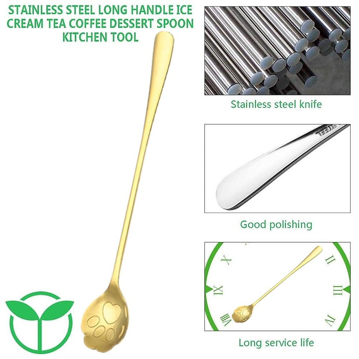 Set of 10 Cat Paw-Shaped Spoons - Long Handle 7.5-inch Design Perfect for Ice Tea, Ice Cream, Coffee Stainless Steel Stirring Spoons for Mixing Silver