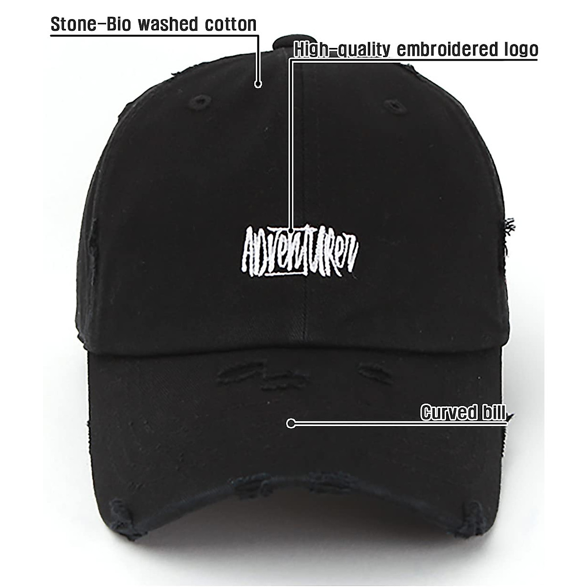 Flipper Adventurer Logo Washed Cotton Vintage Bullet Holes Distressed Baseball Cap Dad Hat Ballcap (Medium ~ Large, Black)