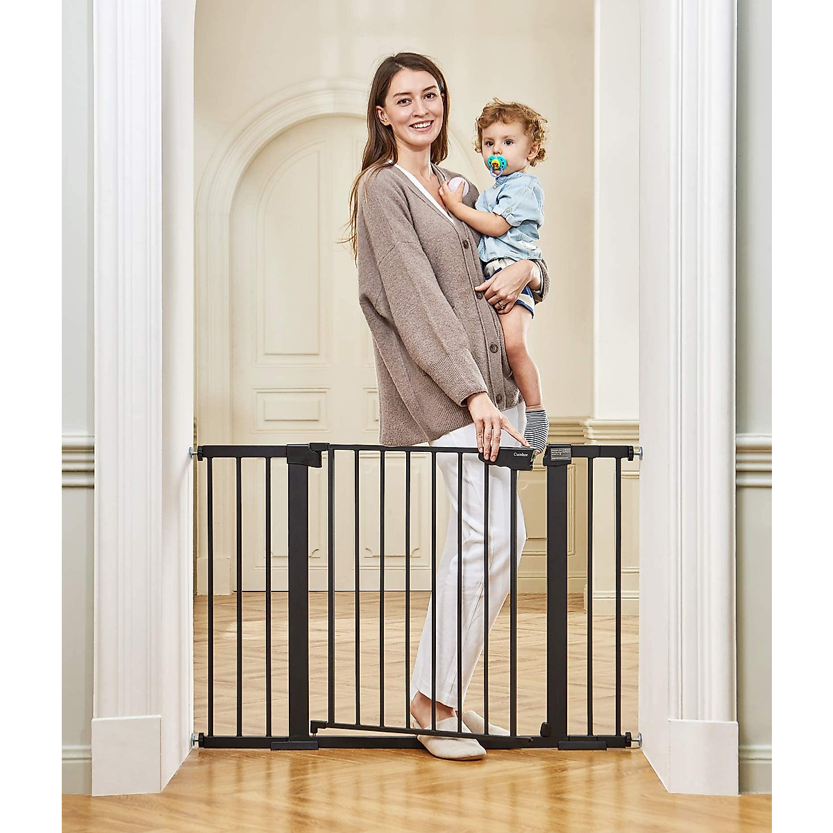 Cumbor 46”Auto Close Safety Baby Gate & Cumbor Brown 57-Inch Child Gate, Easy Walk Thru Dog Gate for The House, Stairs, Doorways, Pressure Mounted Safety Child Gate for Kids Toddler