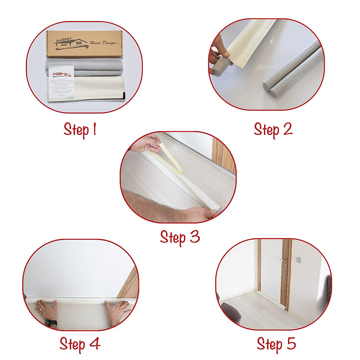 BAZERGA Under Door Draft Stopper One Sided Weather Stripping Door Seal Strip with Hook and Loop Self Adhesive Tape Noise Draft Blocker Dust and Sound Proof Energy Saving Door Stopper 35.4" (White)