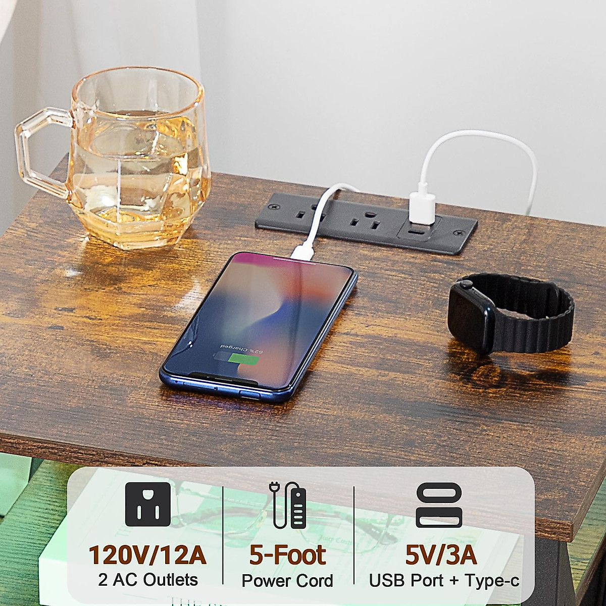 AMHANCIBLE LED Nightstand with Charging Station, Smart End Side Table with USB Port & Power Outlet, Bedside Table with Fabric Drawers for Bedroom, Living Room, Rustic Brown, HET053LBR-1