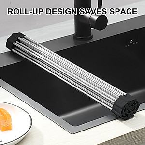 NileHome Roll Up Dish Drying Rack, Sink Drying Rack Over Sink Dish Drying Rack 304 Stainless Steel Foldable Drain Rack for Kitchen Sink Counter Utensils Vegetables and Fruits (17.5''X16.5'')，Black
