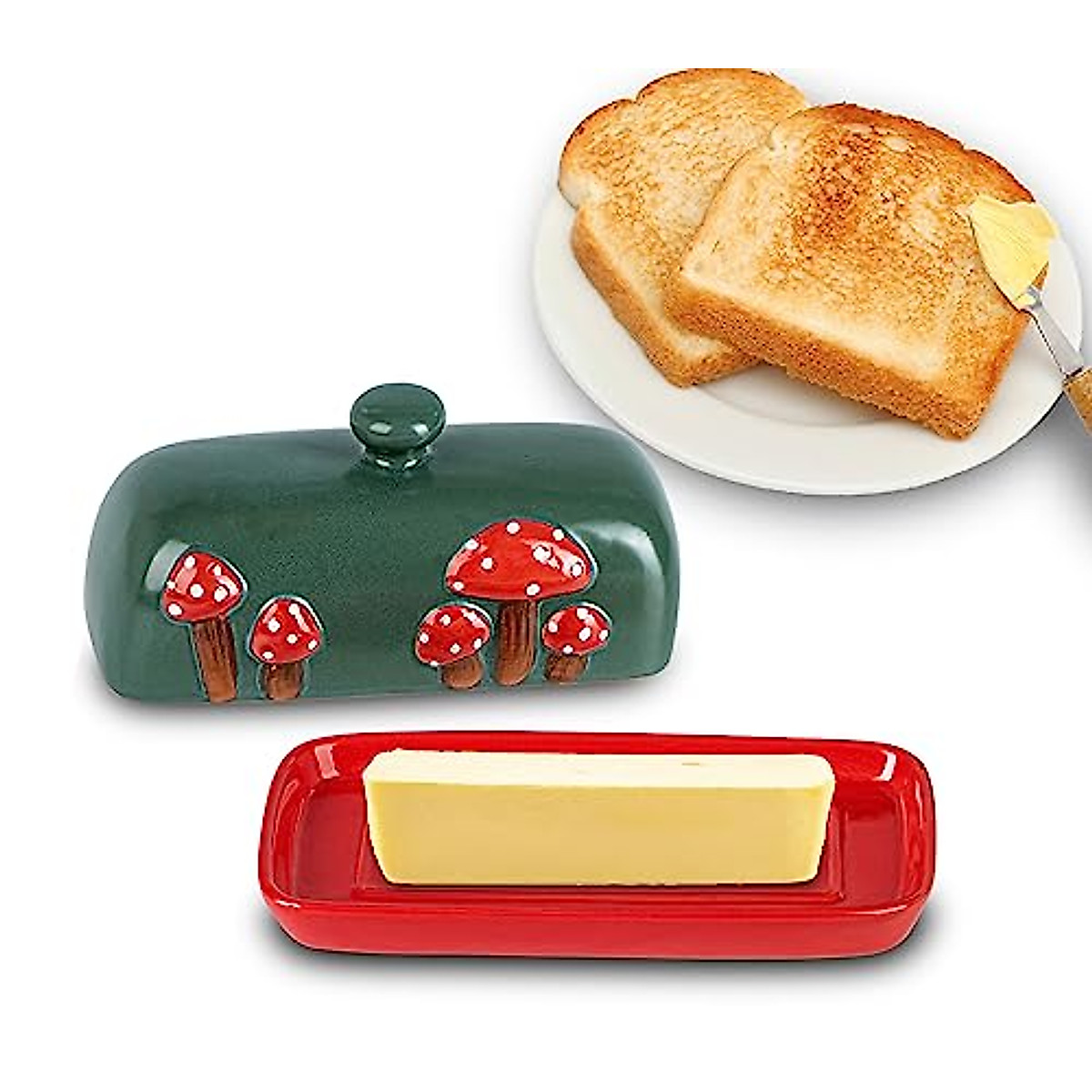 Mushroom Butter Dish With Lid For Countertop Ceramic Butterdish Red Butter Container Butter Tray Large Butter Dish Covered Butter Dish