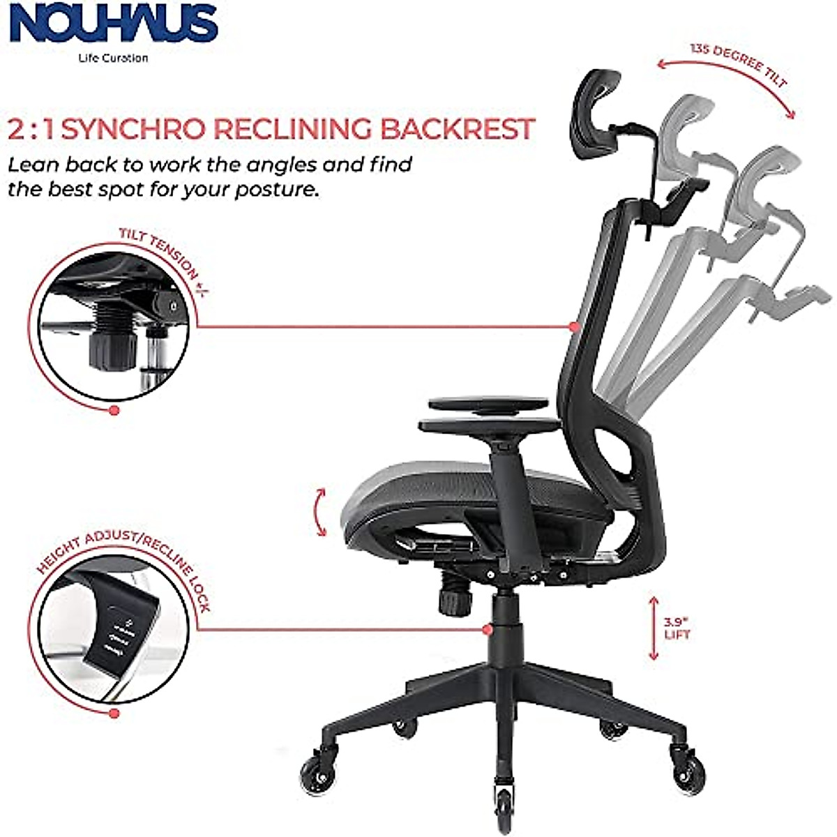 Nouhaus ErgoTASK – Ergonomic Task Chair, Computer Chair and Office Chair with Headrest. Rolling Swivel Chair with Rollerblade Wheels (Black)